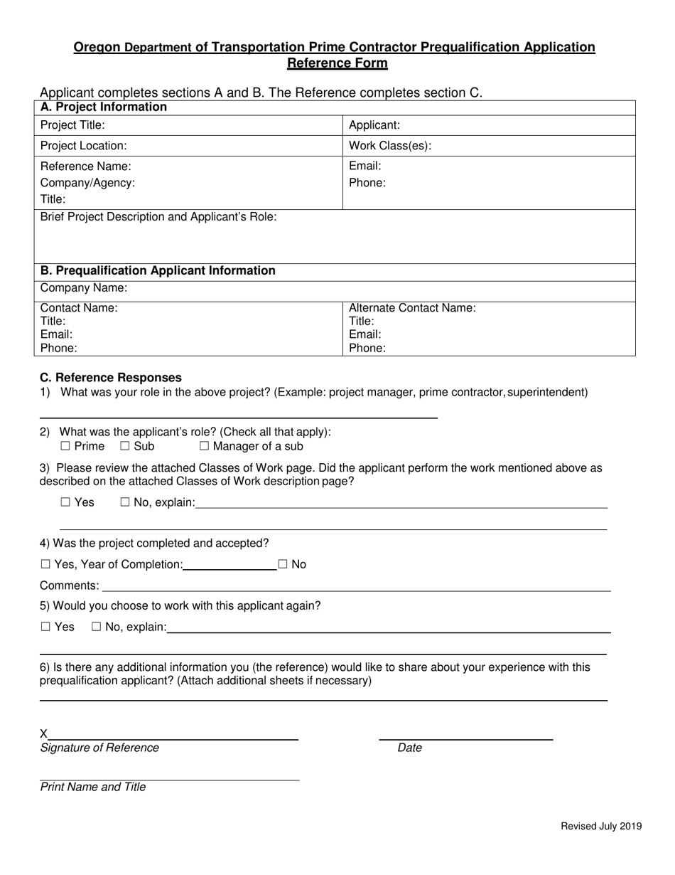 Oregon Prime Contractor Prequalification Application Reference Form ...