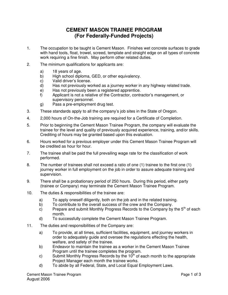 Oregon Cement Mason Trainee Program (For Federally-Funded Projects ...