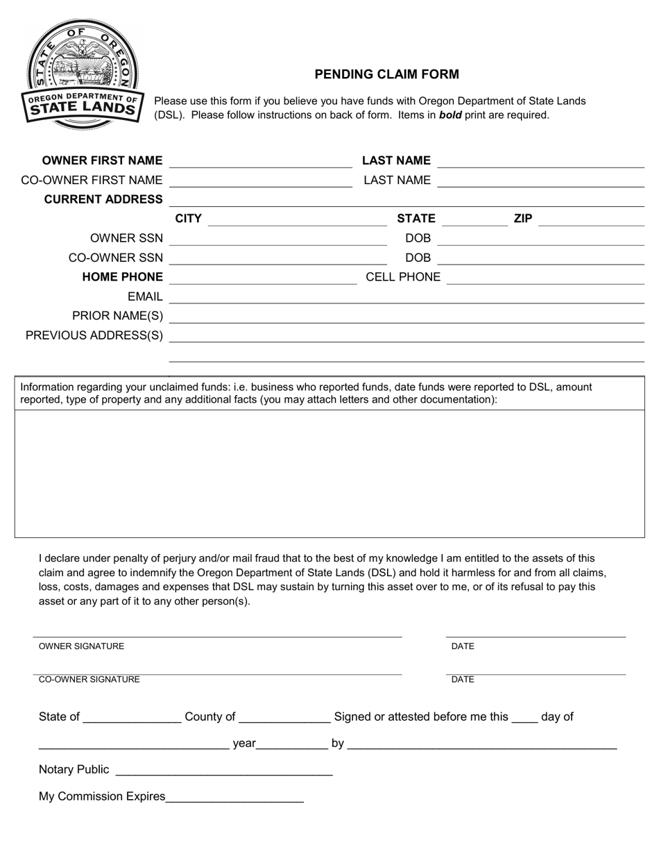Oregon Pending Claim Form - Fill Out, Sign Online and Download PDF ...