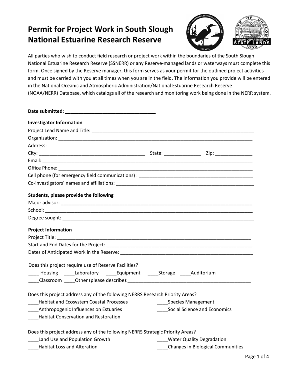 Oregon Permit for Project Work in South Slough National Estuarine ...
