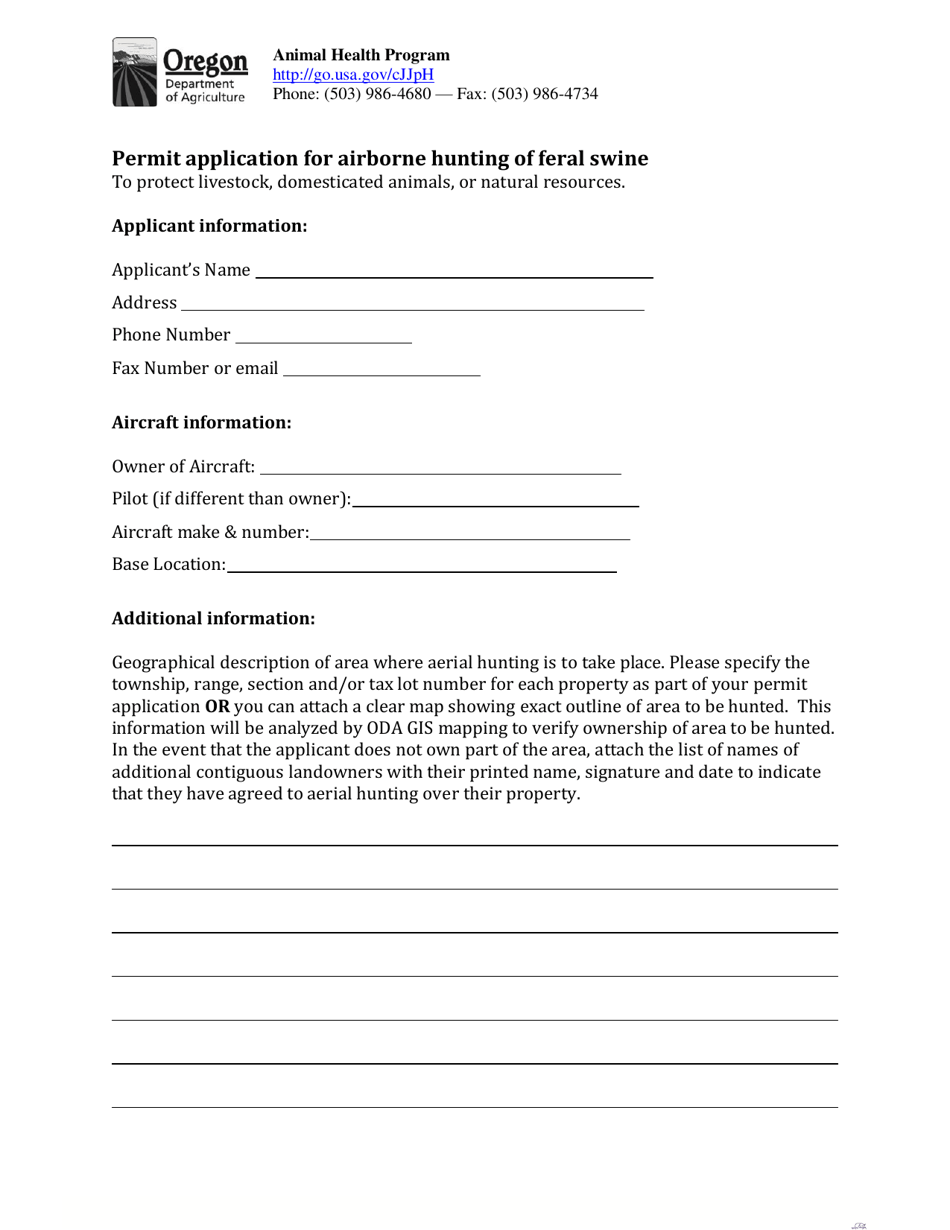 Oregon Aerial Hunting Permit - Feral Swine Download Printable PDF ...