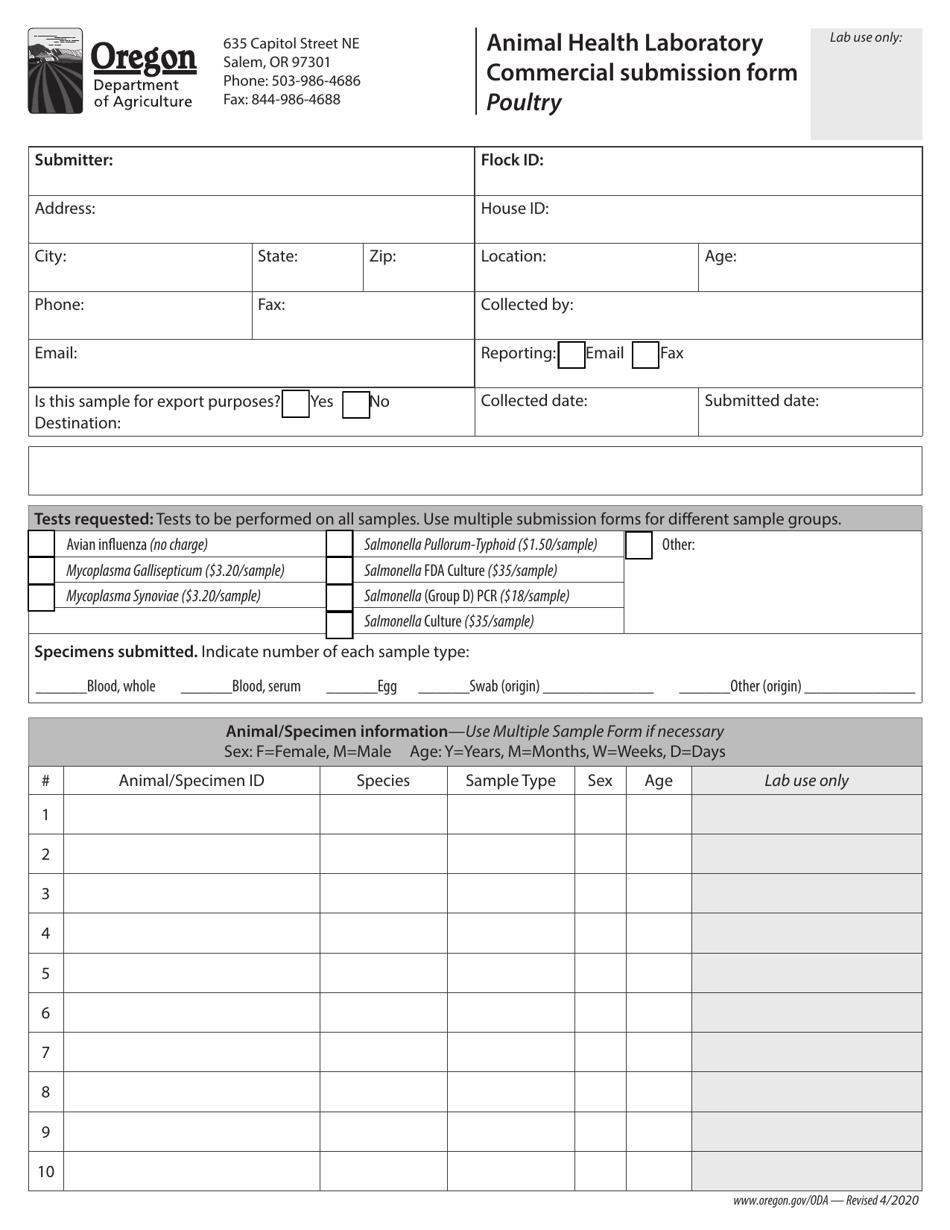 Oregon Animal Health Laboratory Commercial Submission Form - Poultry ...