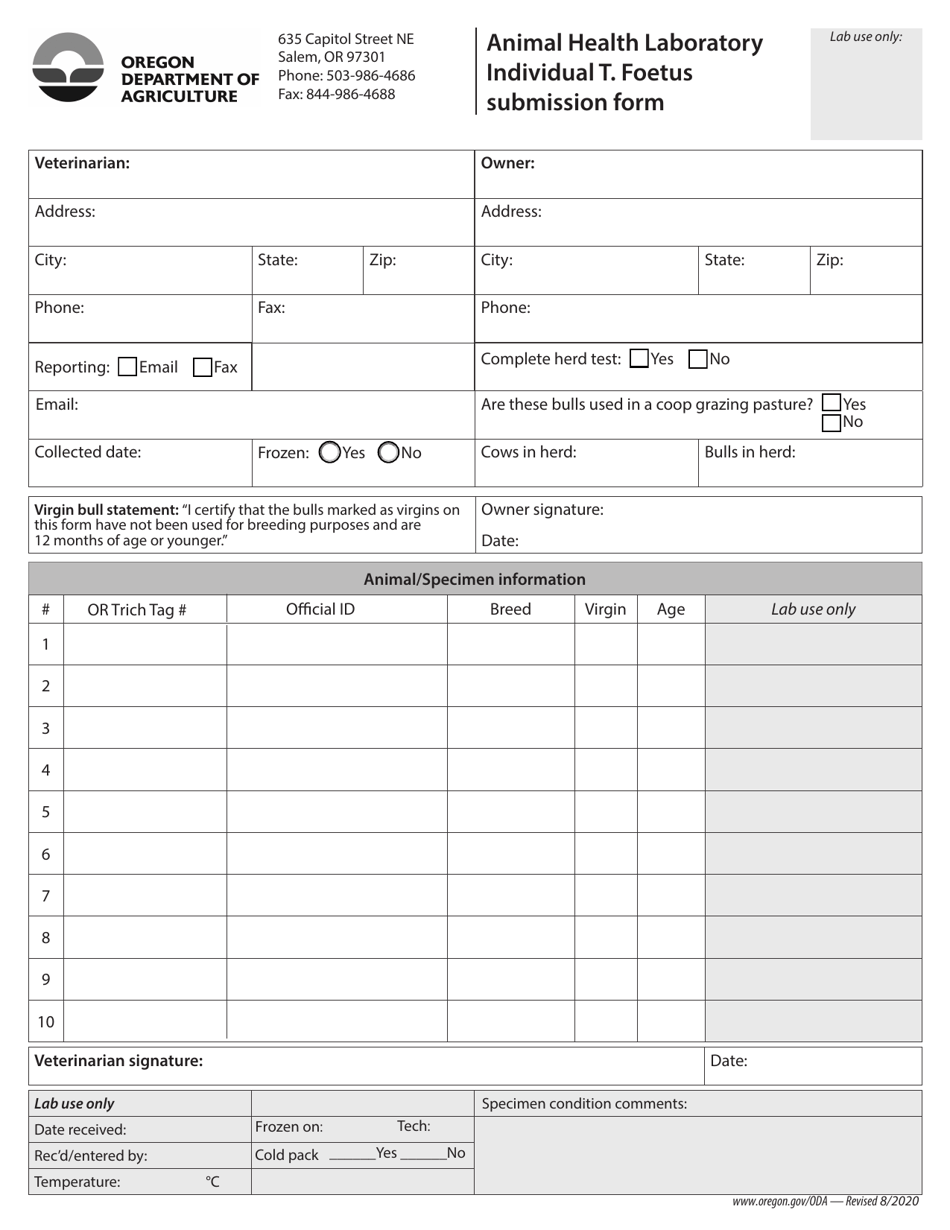 Oregon Animal Health Laboratory Individual T. Foetus Submission Form ...