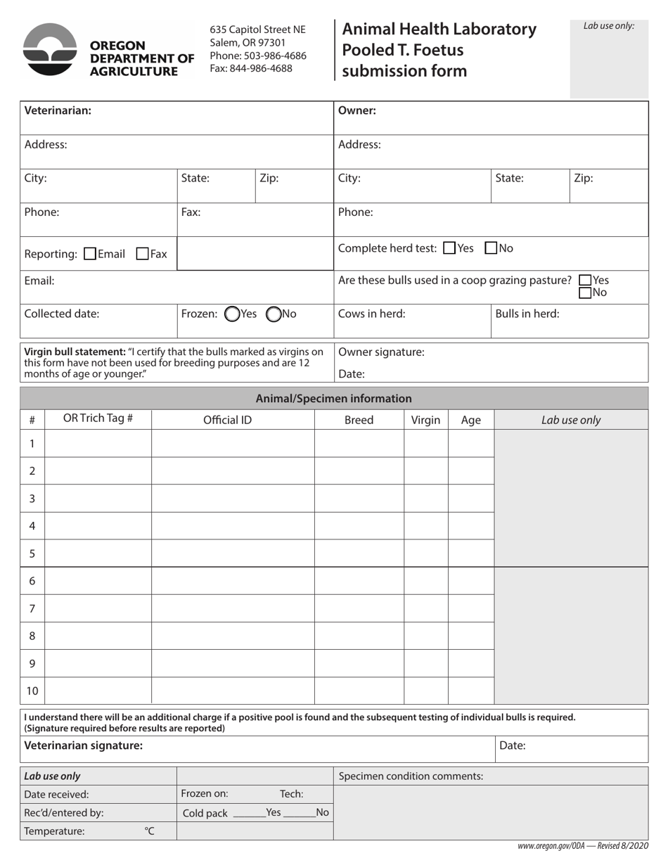 Oregon Animal Health Laboratory Pooled T. Foetus Submission Form - Fill ...