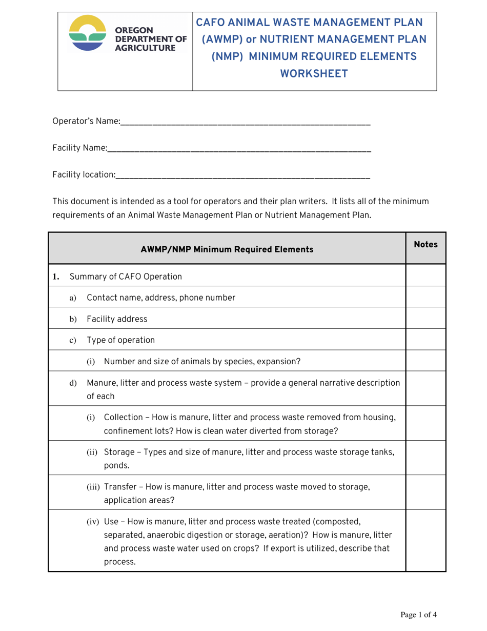 Oregon Cafo Animal Waste Management Plan (Awmp) or Nutrient Management ...