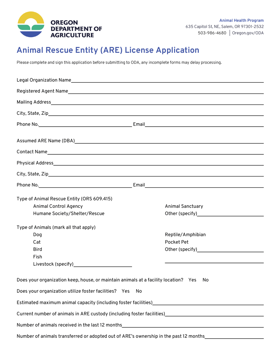 Oregon Animal Rescue Entity (Are) License Application - Fill Out, Sign ...