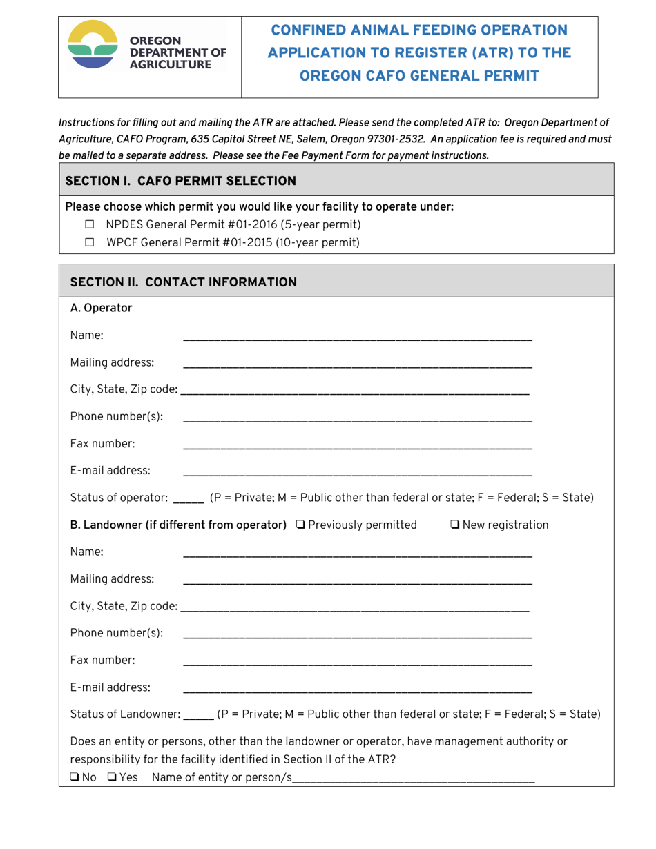 Oregon Confined Animal Feeding Operation Application to Register (Atr ...