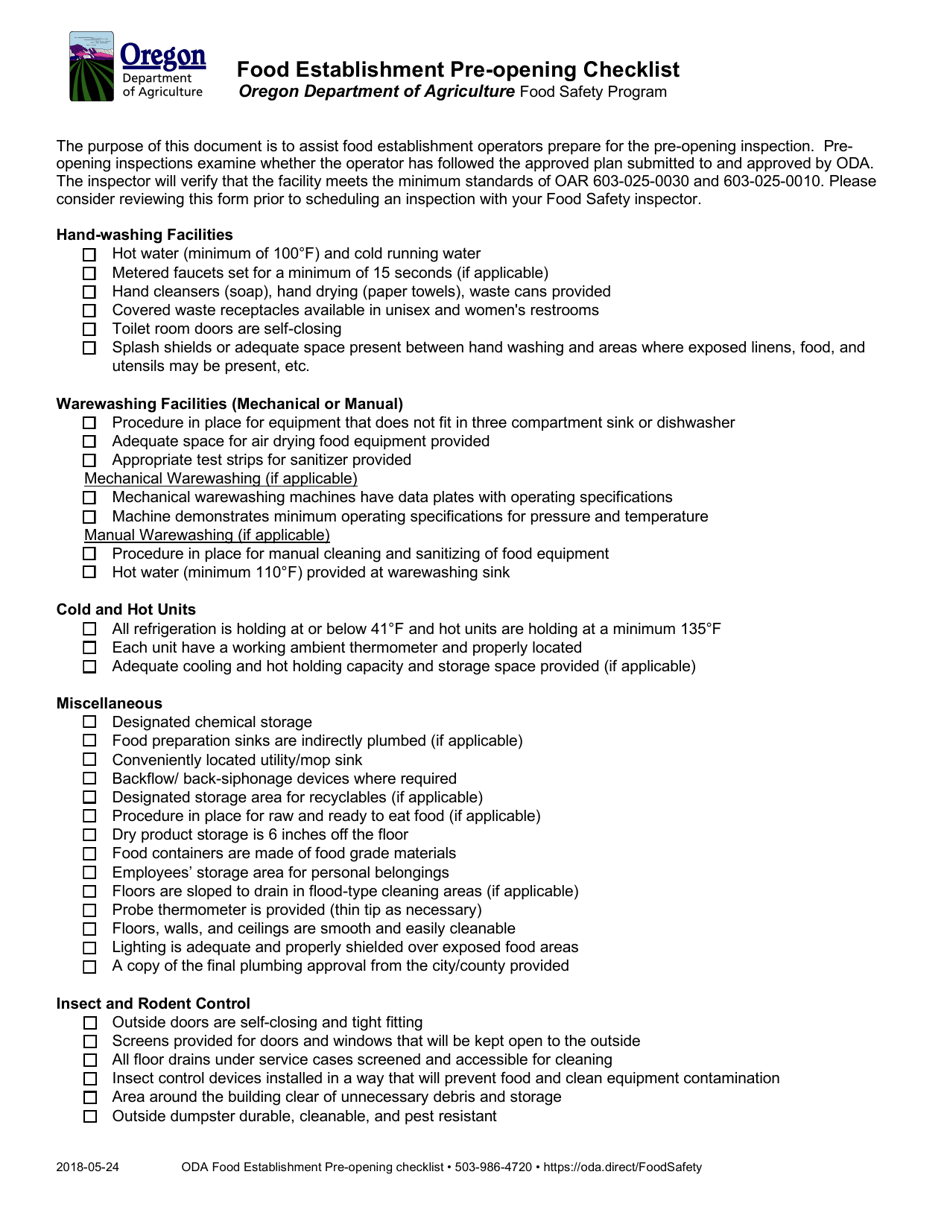 Oregon Food Establishment Pre-opening Checklist - Food Safety Program ...