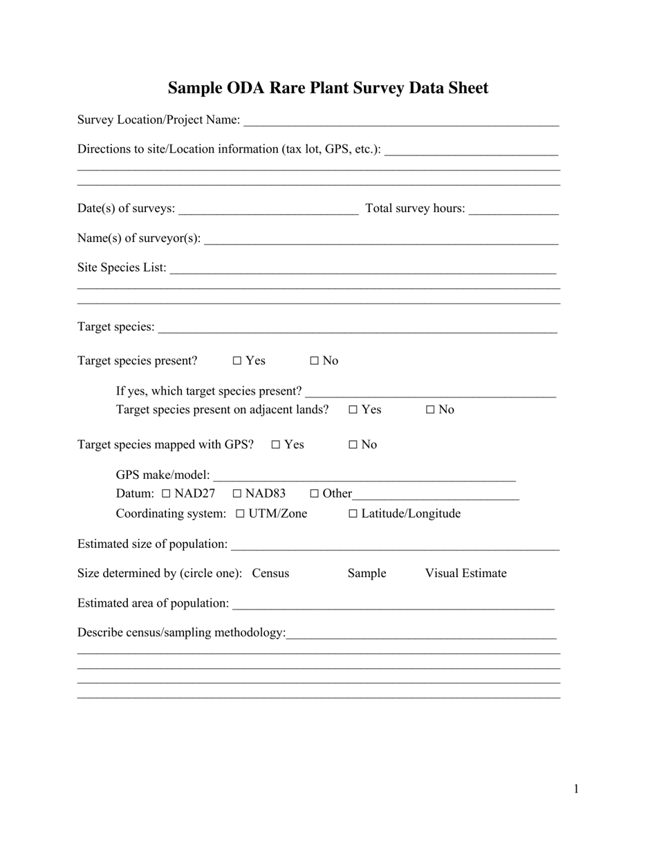 Oregon Sample Oda Rare Plant Survey Data Sheet - Fill Out, Sign Online ...