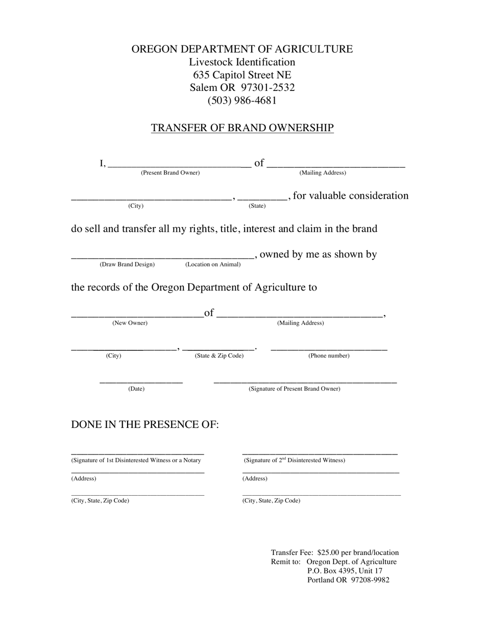 Oregon Transfer of Brand Ownership - Fill Out, Sign Online and Download ...
