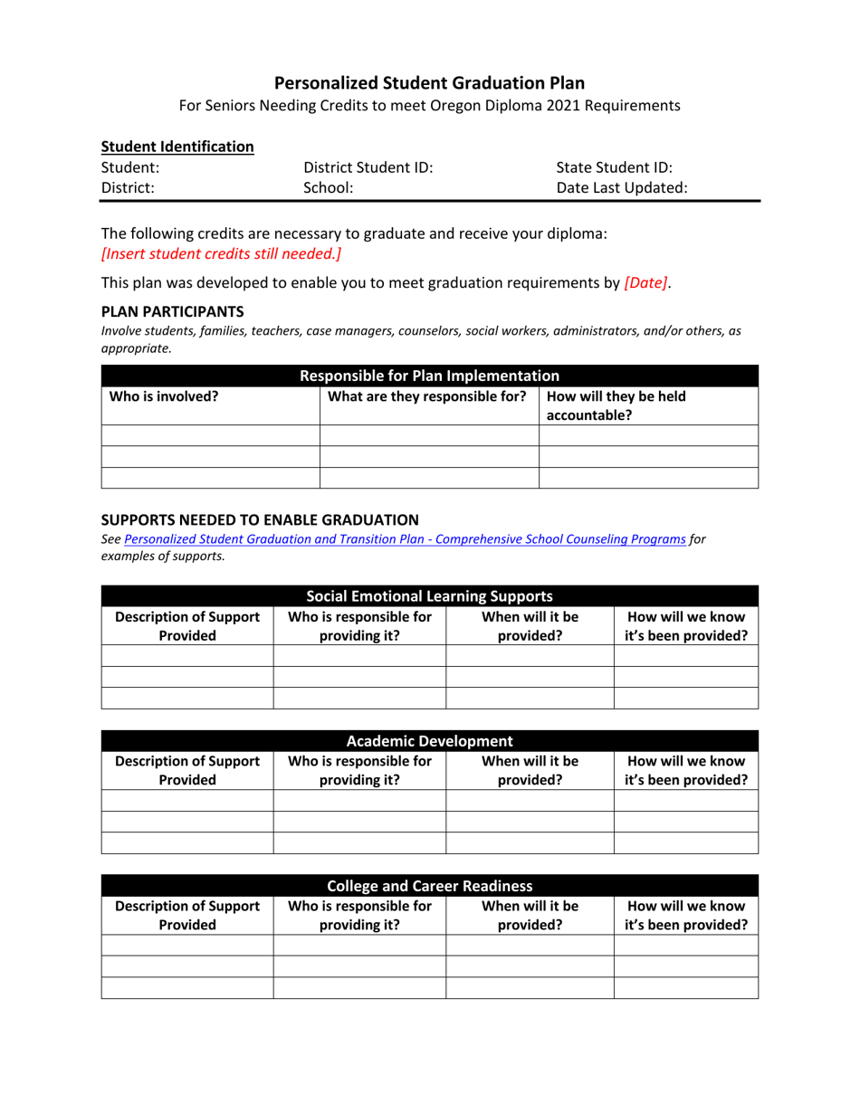 2021 Oregon Personalized Student Graduation Plan Download Printable PDF ...