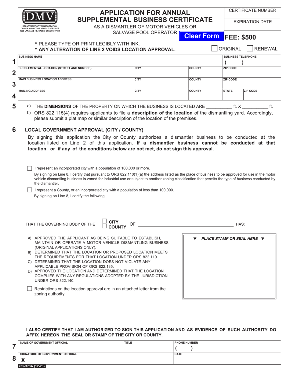 Form 735-373A - Fill Out, Sign Online and Download Fillable PDF, Oregon ...