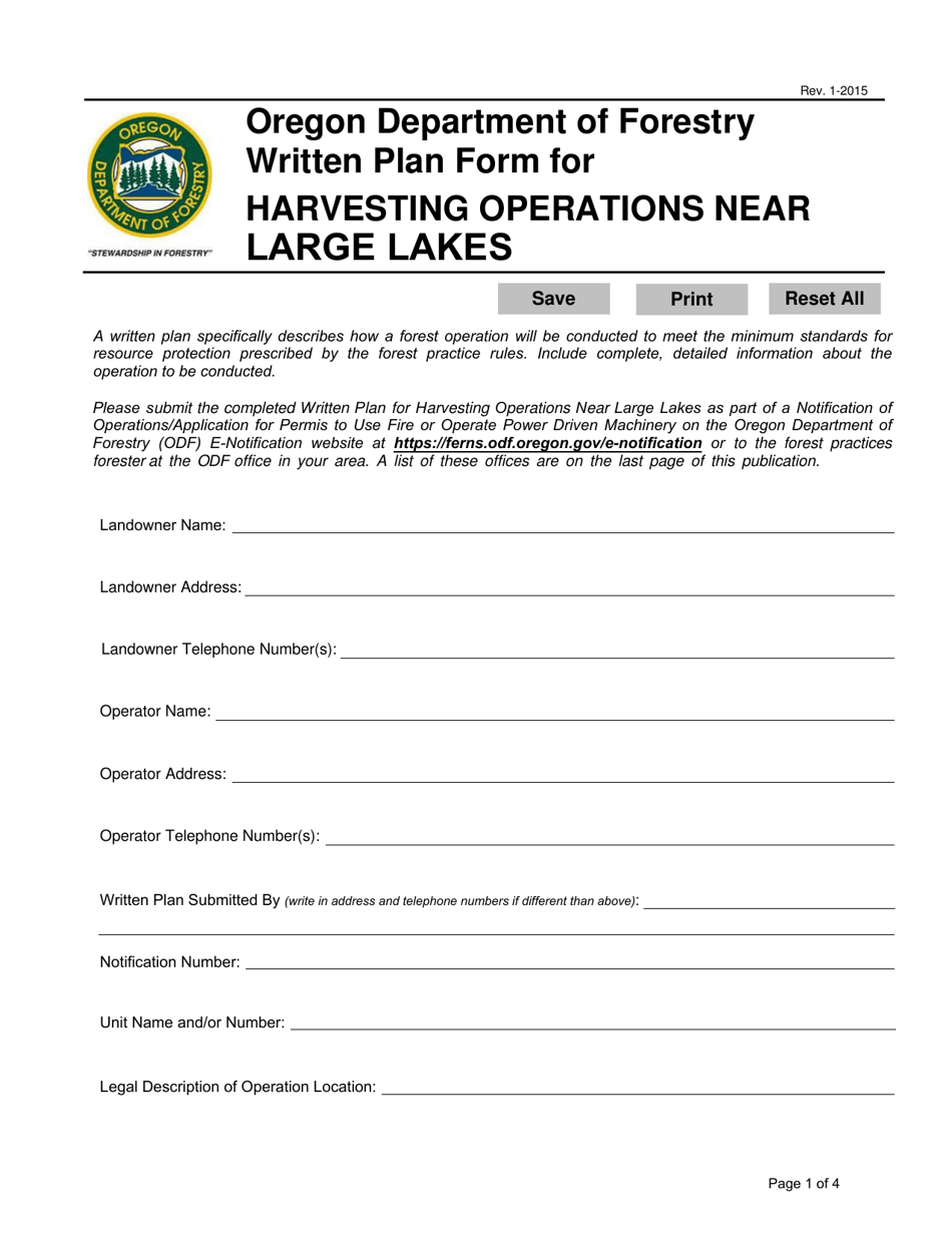 Oregon Written Plan Form for Harvesting Operations Near Large Lakes ...