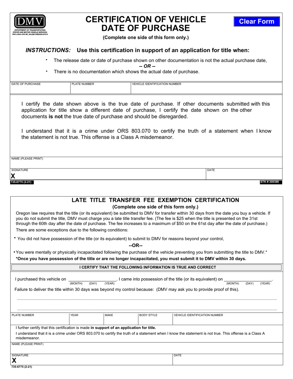 Form 735-6775 - Fill Out, Sign Online and Download Fillable PDF, Oregon ...