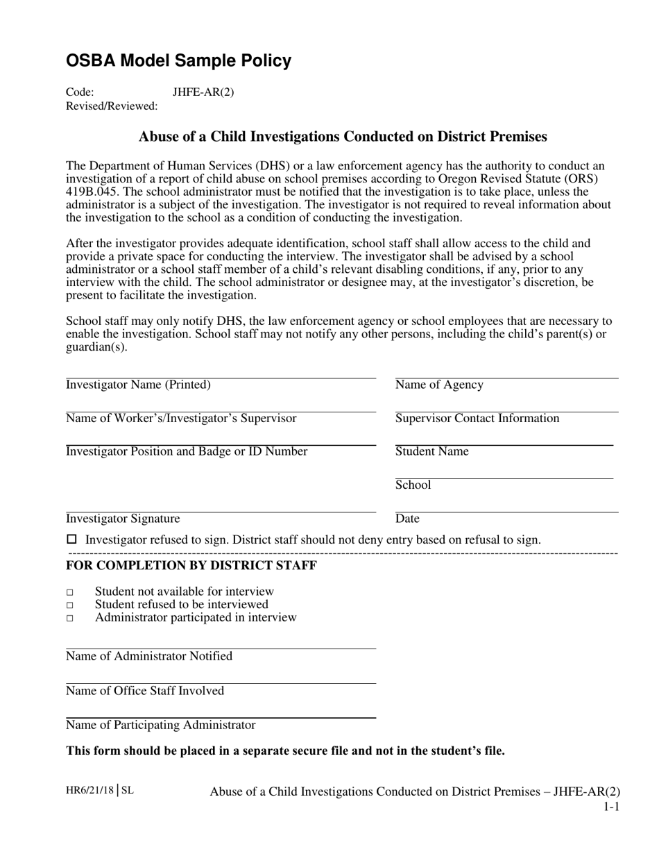 Oregon Osba Child Abuse Investigations on School Premises Form - Fill ...