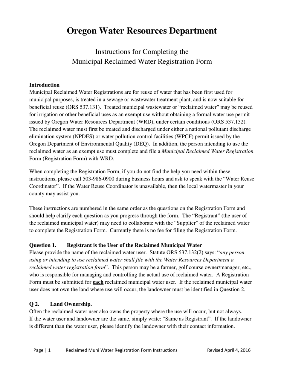Download Instructions for Municipal Reclaimed Water Registration Form ...