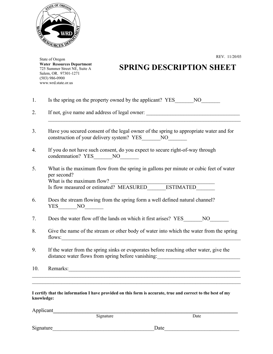 Oregon Spring Description Sheet - Fill Out, Sign Online and Download ...