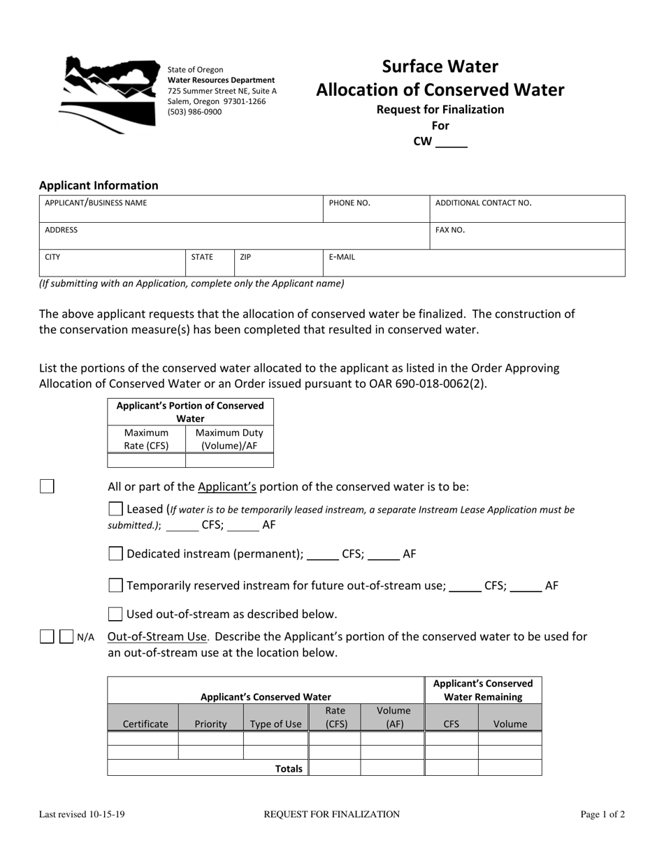 Oregon Allocation of Conserved Water - Surface Water Request for ...
