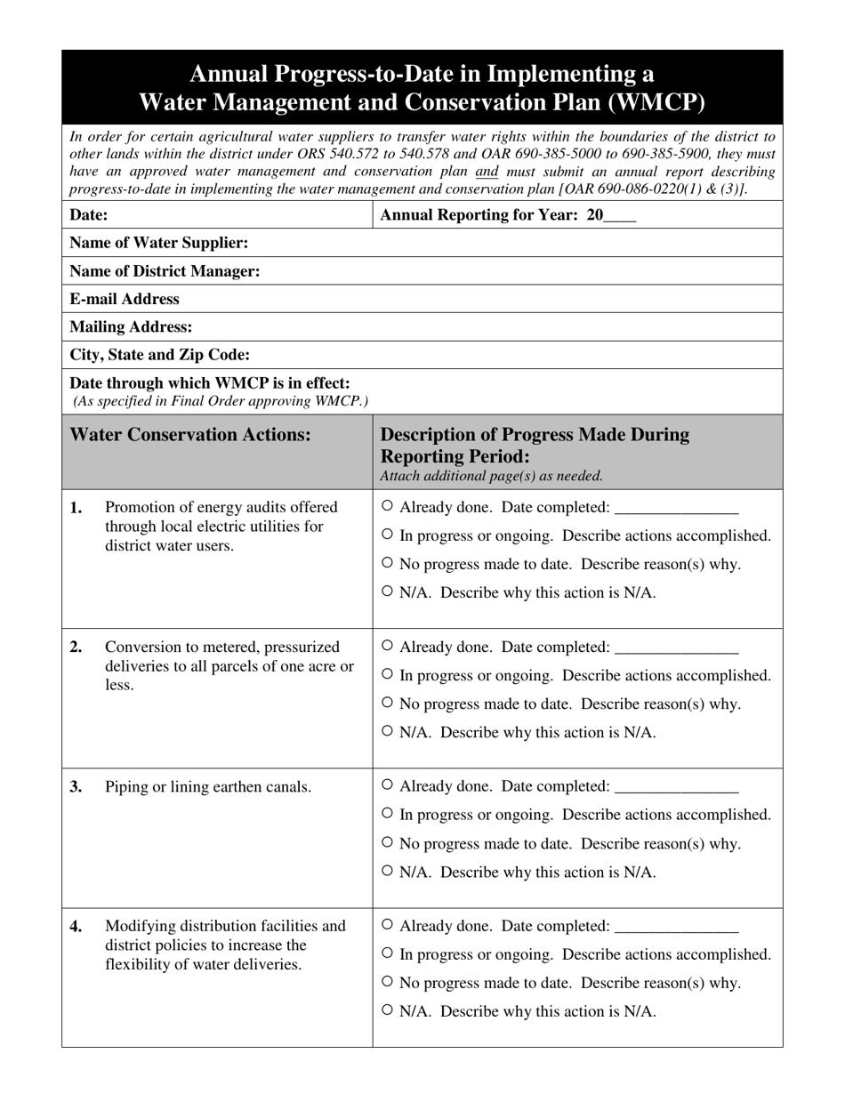 Oregon Annual Progress-To-Date in Implementing a Water Management and ...
