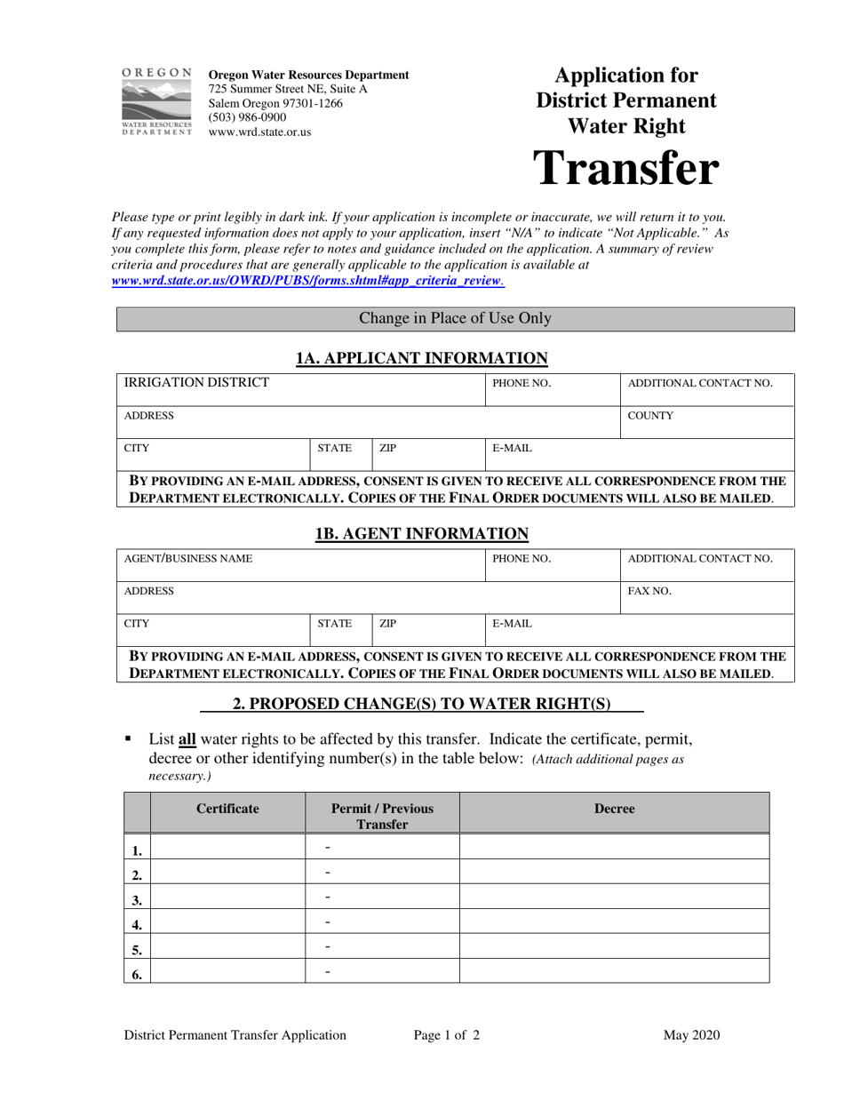 Oregon Application for District Permanent Water Right Transfer - Fill ...