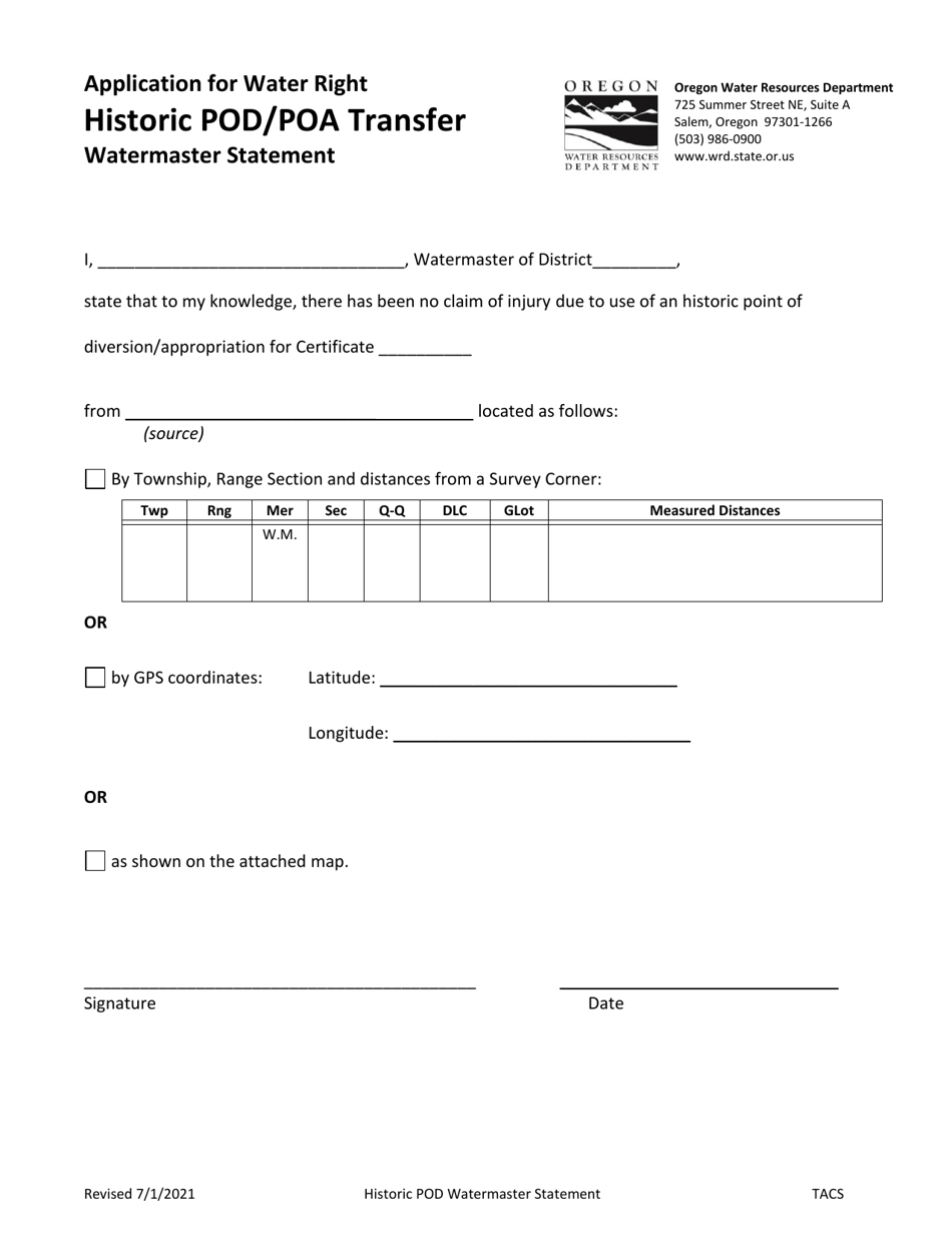 Oregon Application for Water Right Historic Pod/Poa Transfer ...