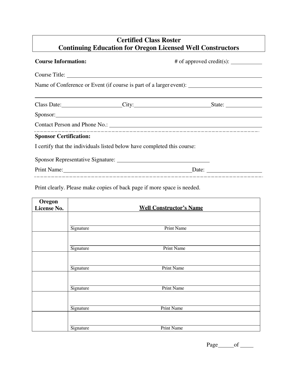 Oregon Certified Class Roster for the Continuing Education of Oregon ...