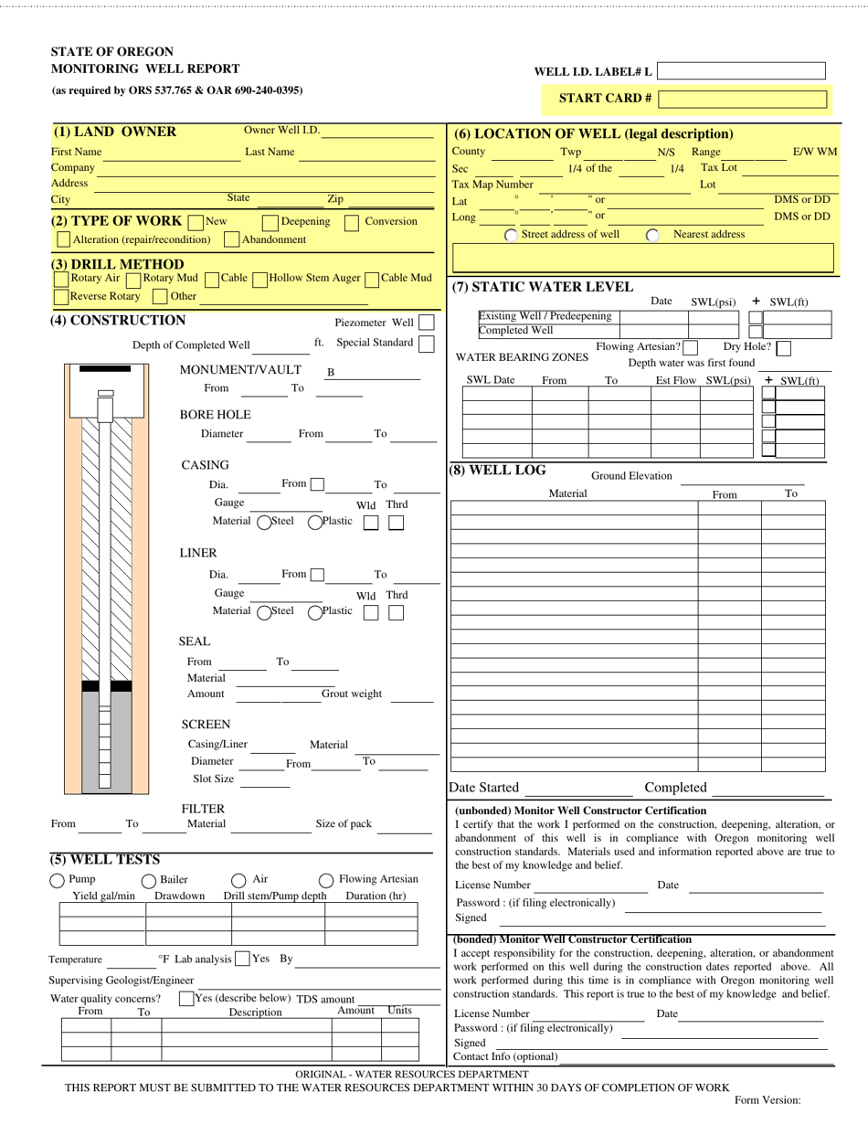 Oregon Monitoring Well Report - Fill Out, Sign Online and Download PDF ...