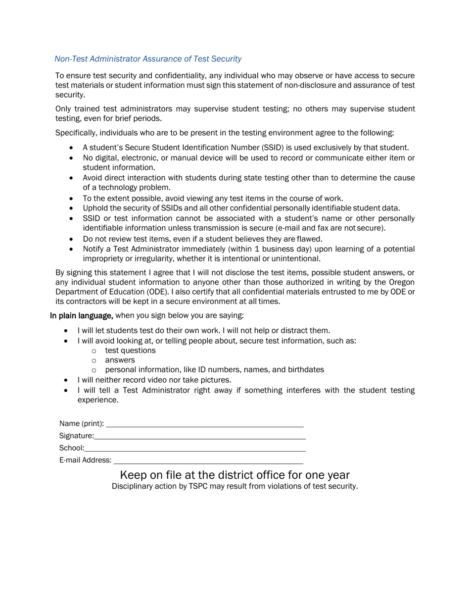 Oregon Non-test Administrator Assurance of Test Security - Fill Out ...