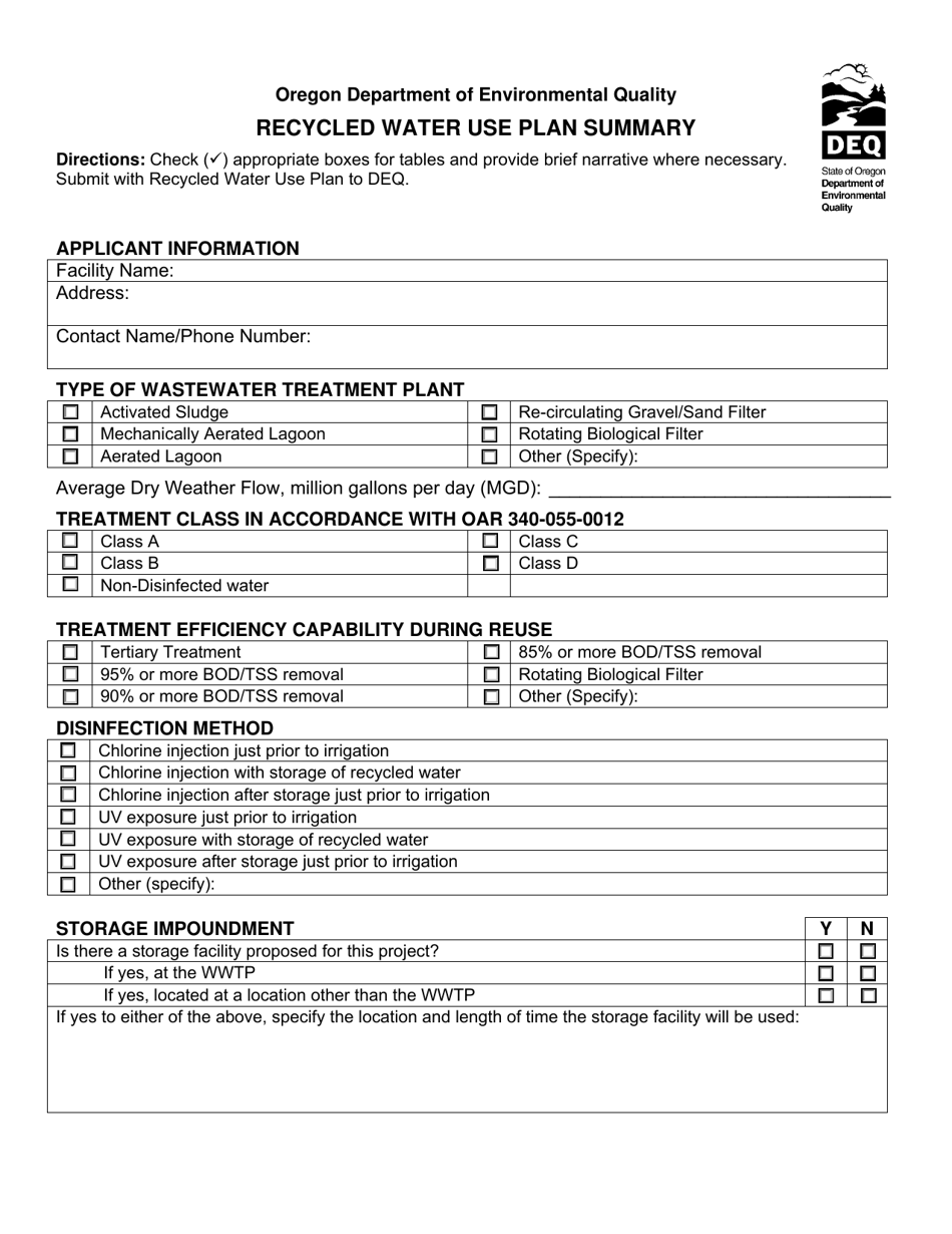 Oregon Recycled Water Use Plan Summary - Fill Out, Sign Online and ...