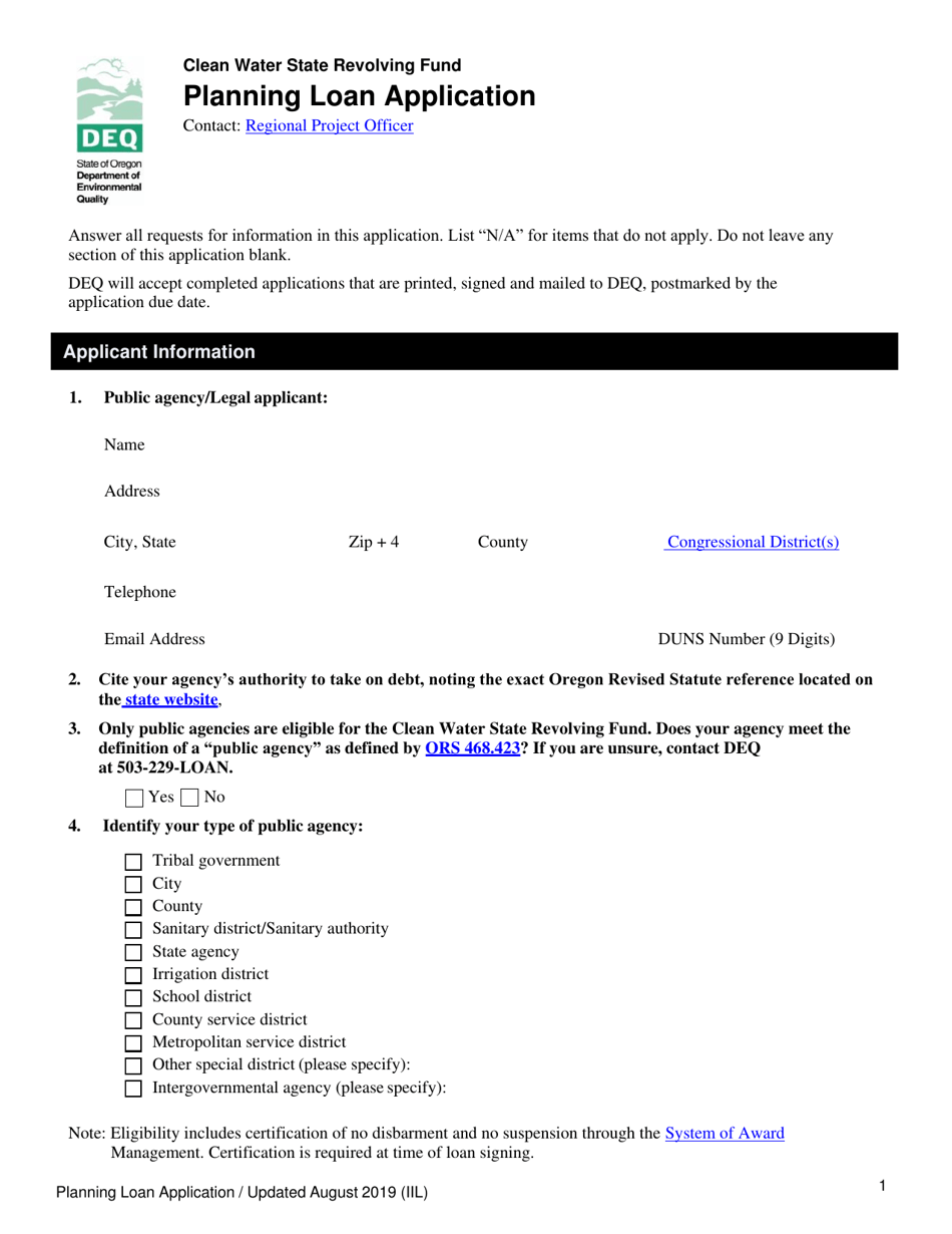 Oregon Clean Water State Revolving Fund Planning Loan Application ...