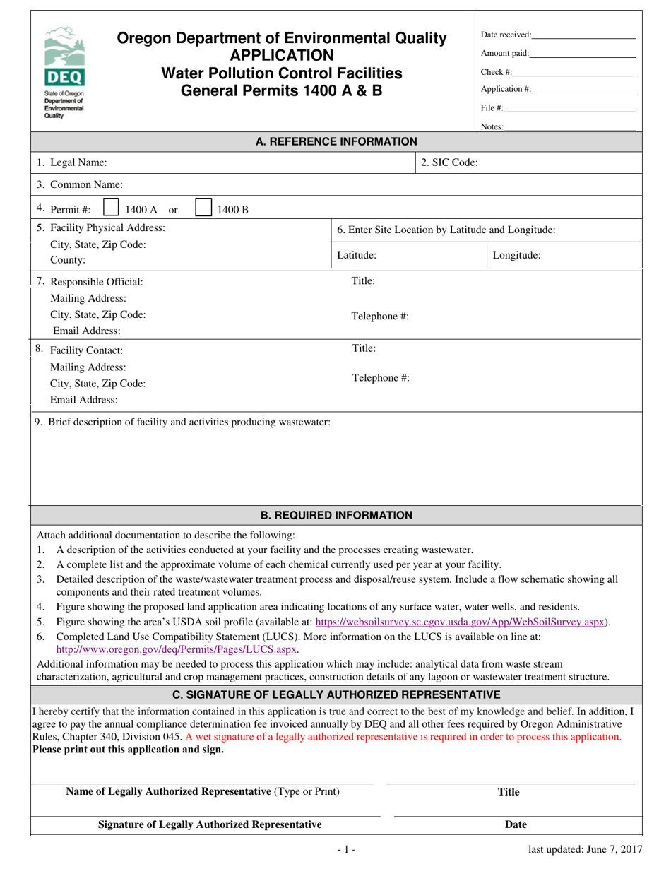 Oregon Application for Water Pollution Control Facilities General ...