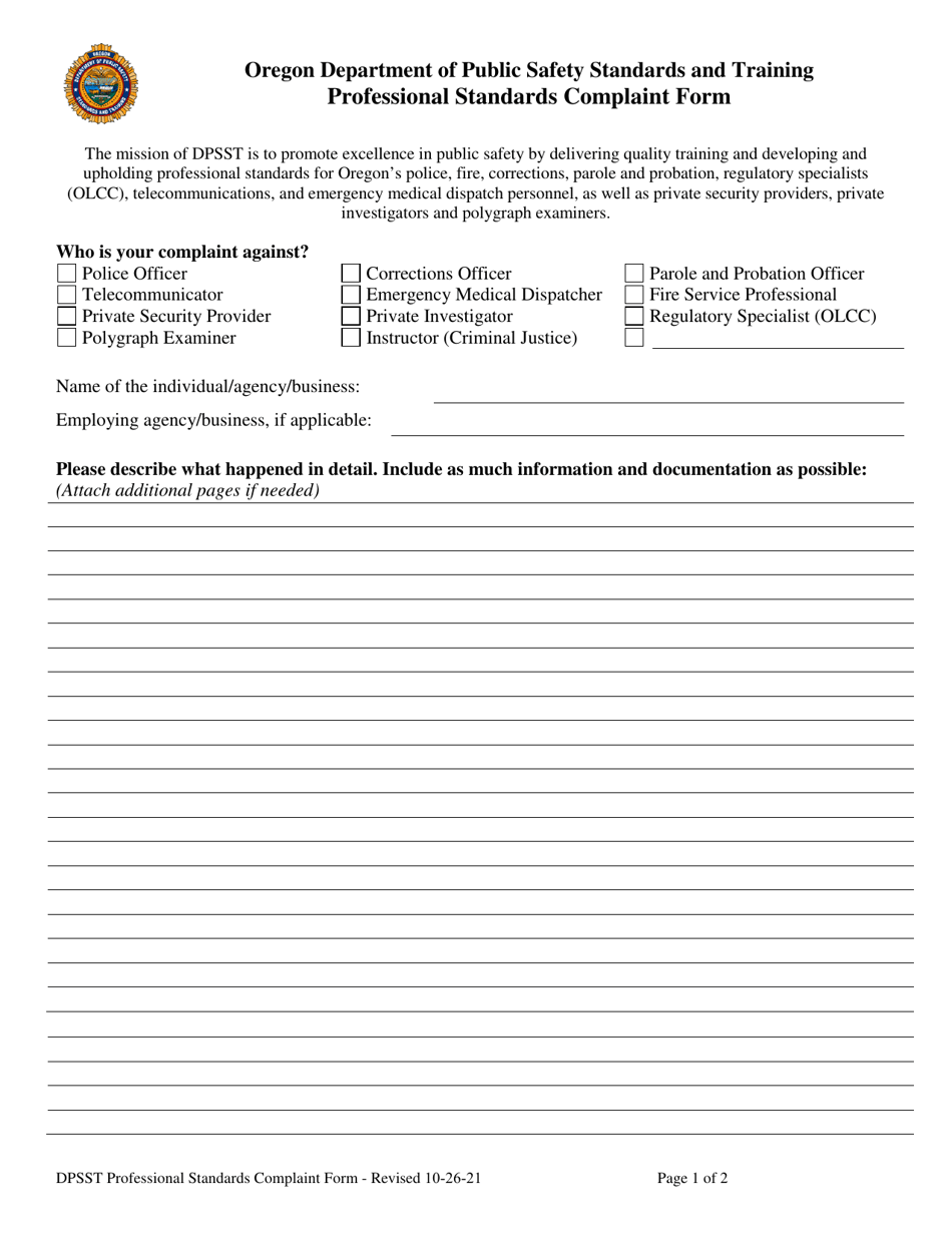 Oregon Professional Standards Complaint Form Download Fillable PDF ...