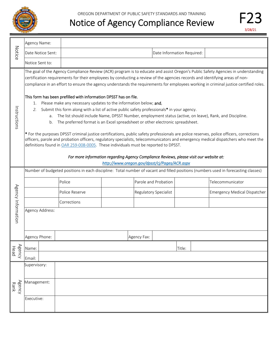 Form F23 - Fill Out, Sign Online and Download Fillable PDF, Oregon ...