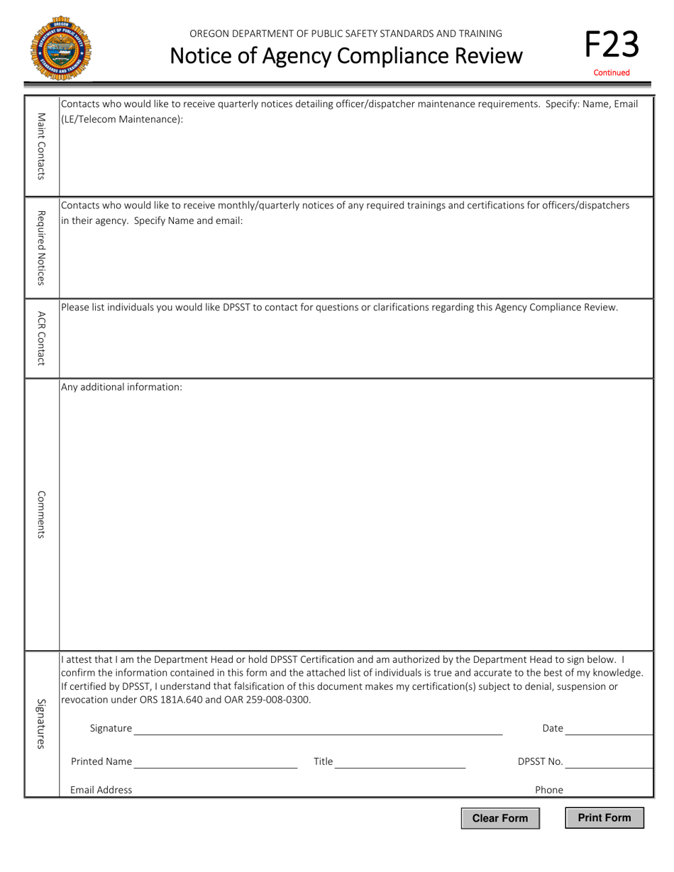 Form F23 - Fill Out, Sign Online and Download Fillable PDF, Oregon ...