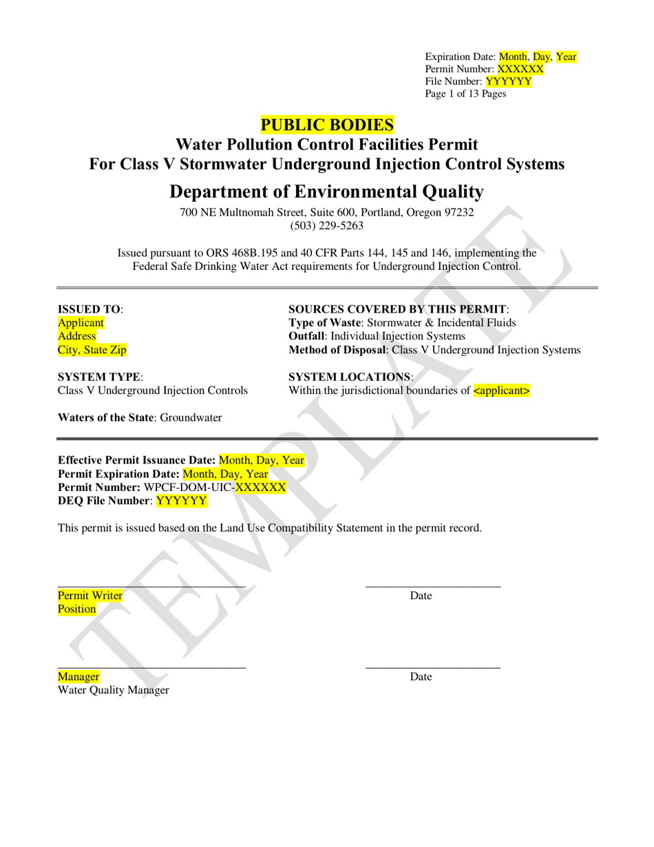 Oregon Public Bodies Water Pollution Control Facilities Permit Template ...