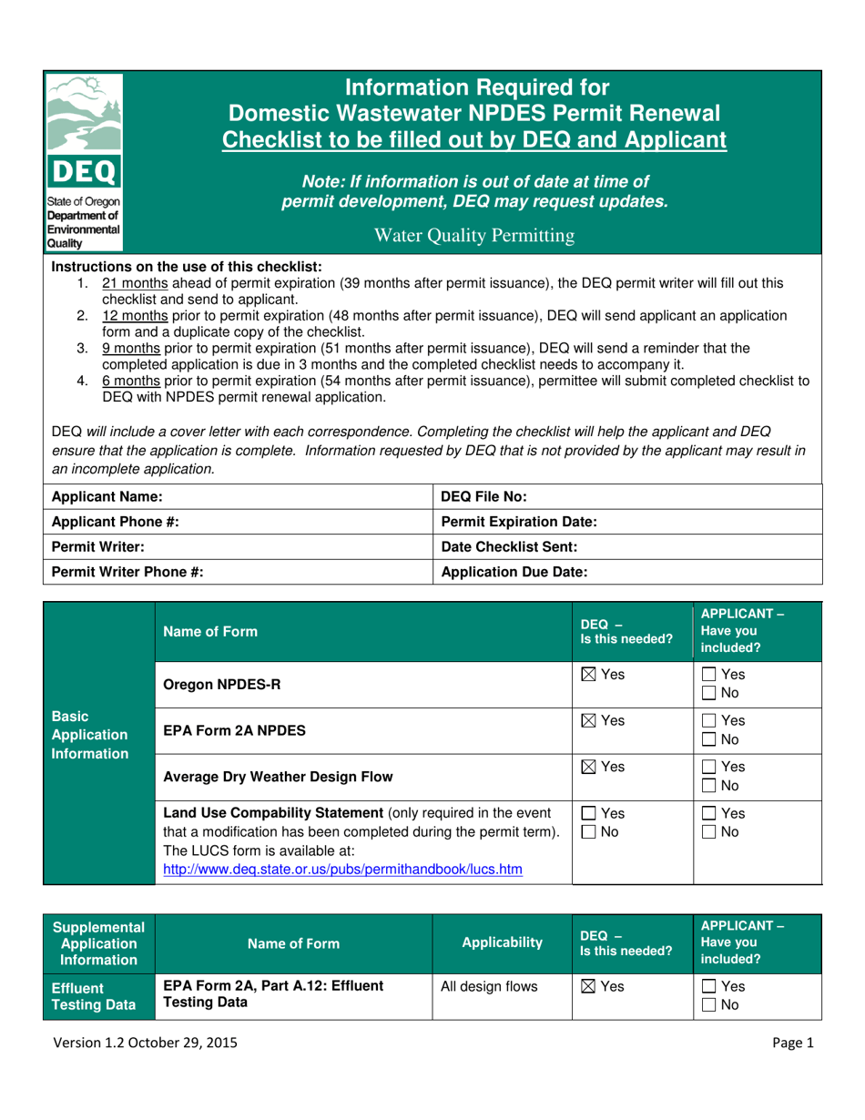 Oregon Domestic Wastewater Npdes Permit Renewal Checklist - Fill Out ...