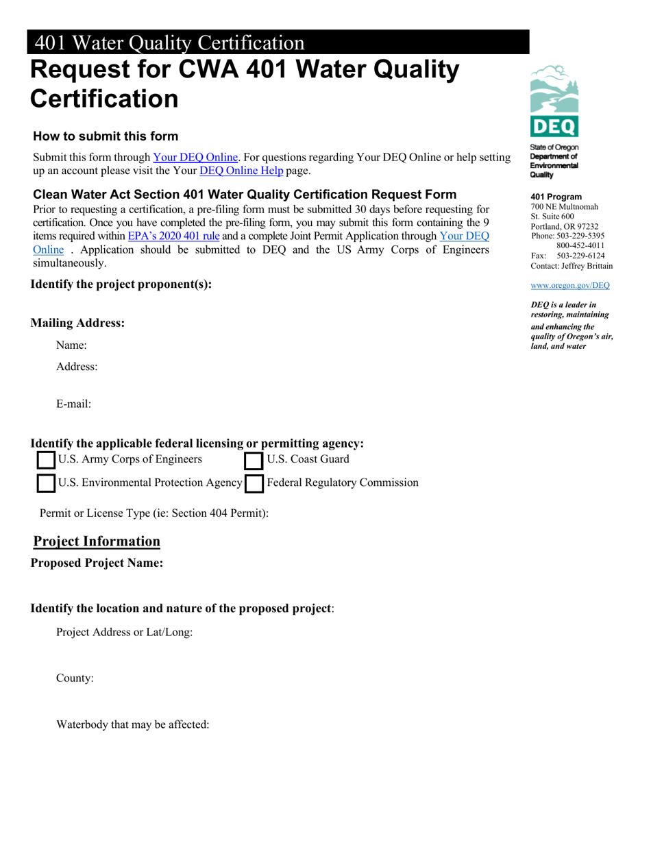 Oregon Request for Cwa 401 Water Quality Certification - Fill Out, Sign ...