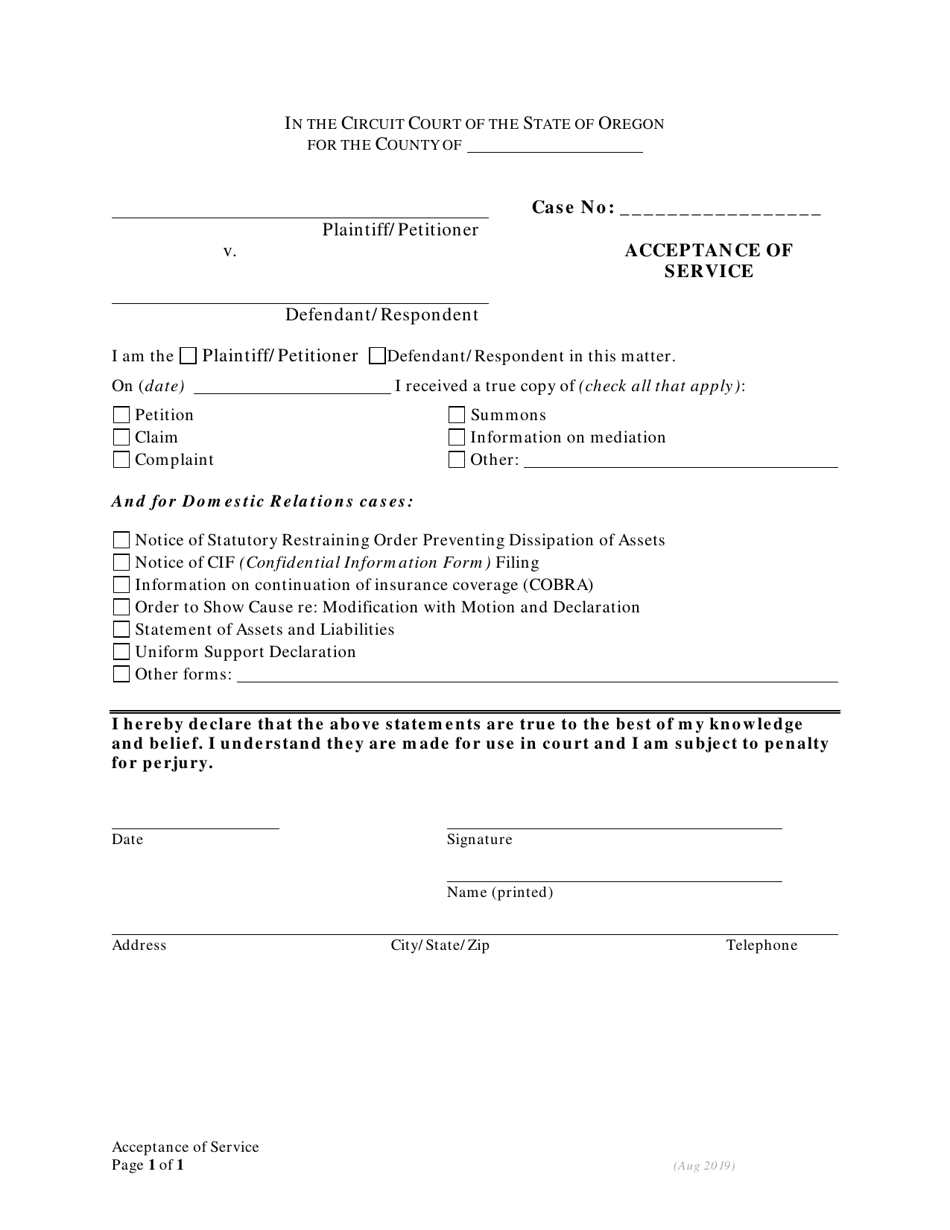 Oregon Acceptance of Service - Fill Out, Sign Online and Download PDF ...