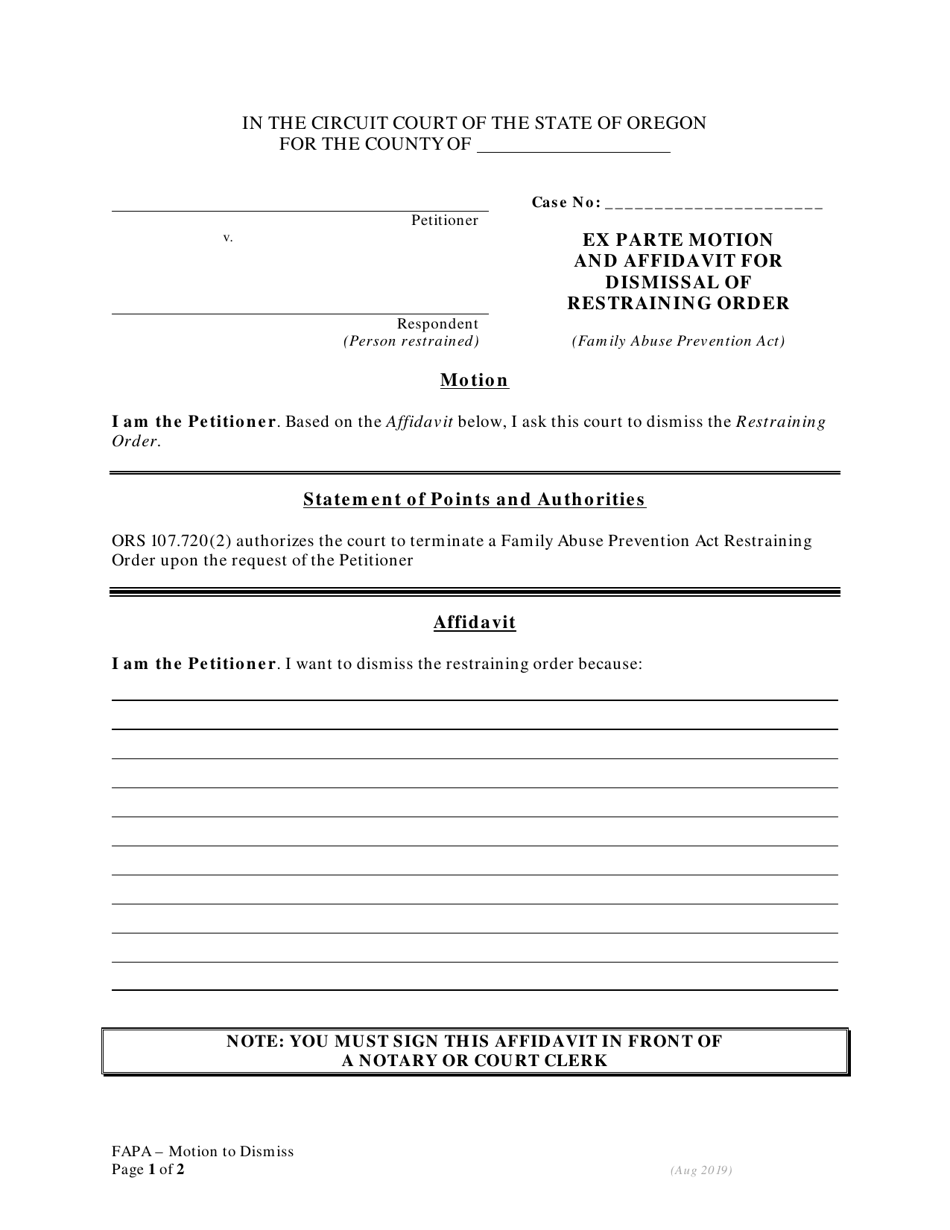 Oregon Ex Parte Motion and Affidavit for Dismissal of Restraining Order - Family Abuse ...