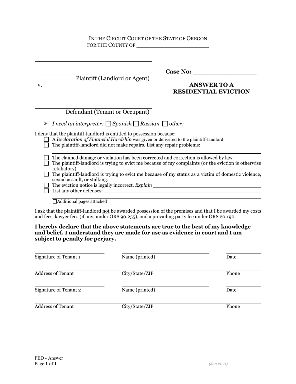 Oregon Answer to a Residential Eviction - Fed - Fill Out, Sign Online ...