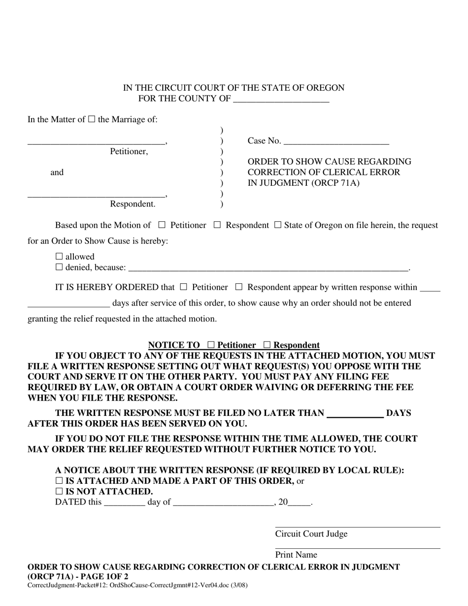 Oregon Order to Show Cause Regarding Correction of Clerical Error in ...