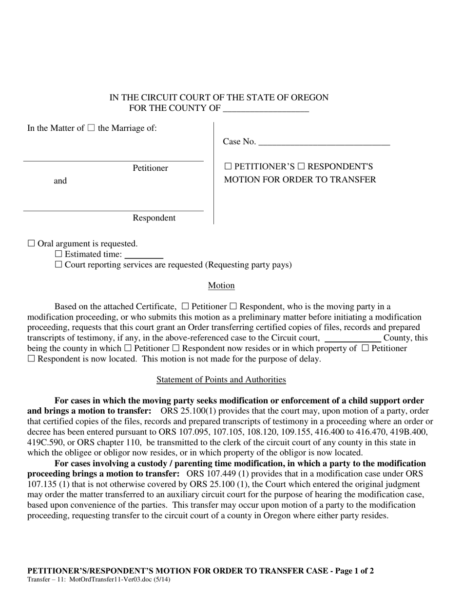 Oregon Petitioner's/Respondent's Motion for Order to Transfer - Fill ...