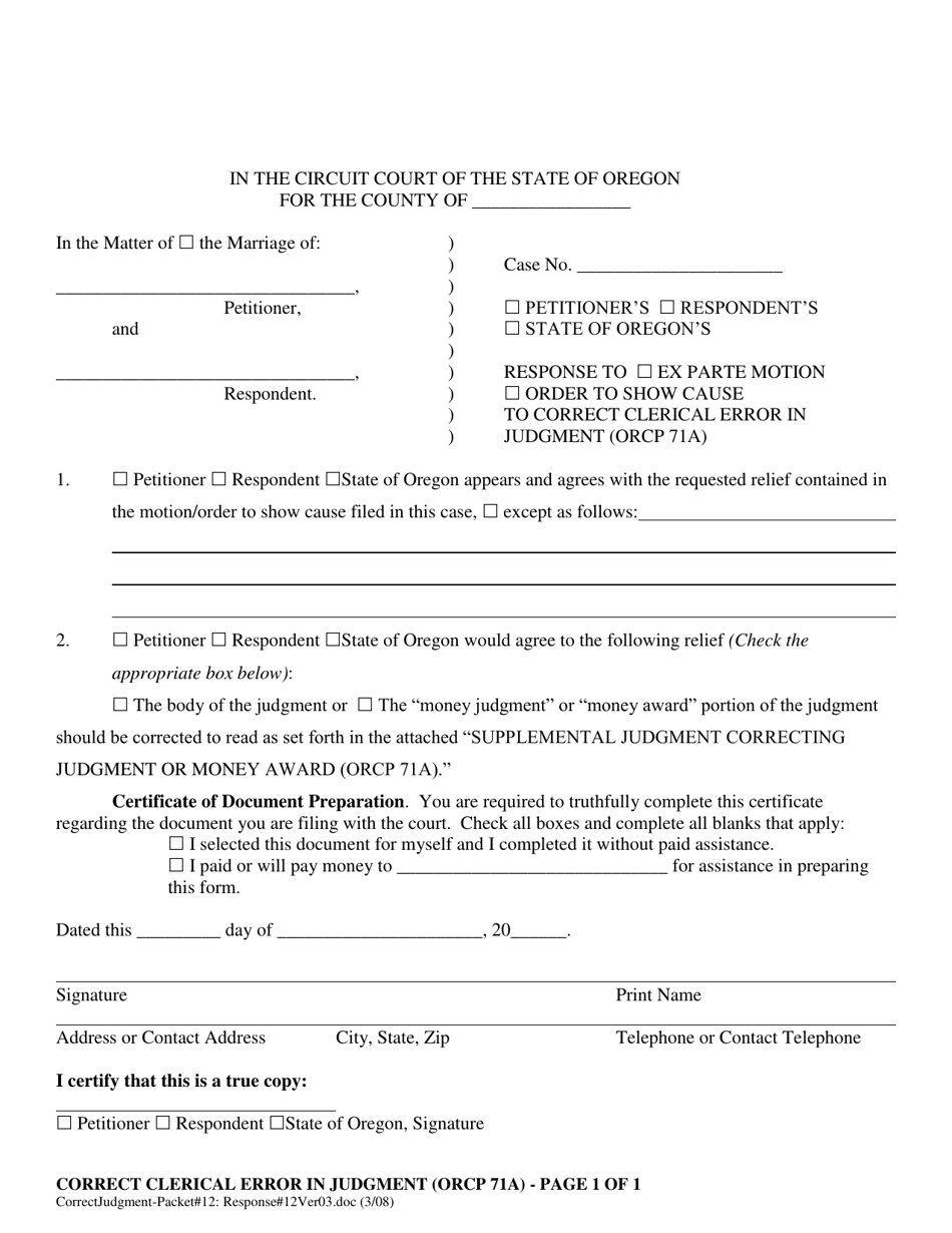 Oregon Response to Ex Parte Motion (Order to Show Cause) to Correct ...