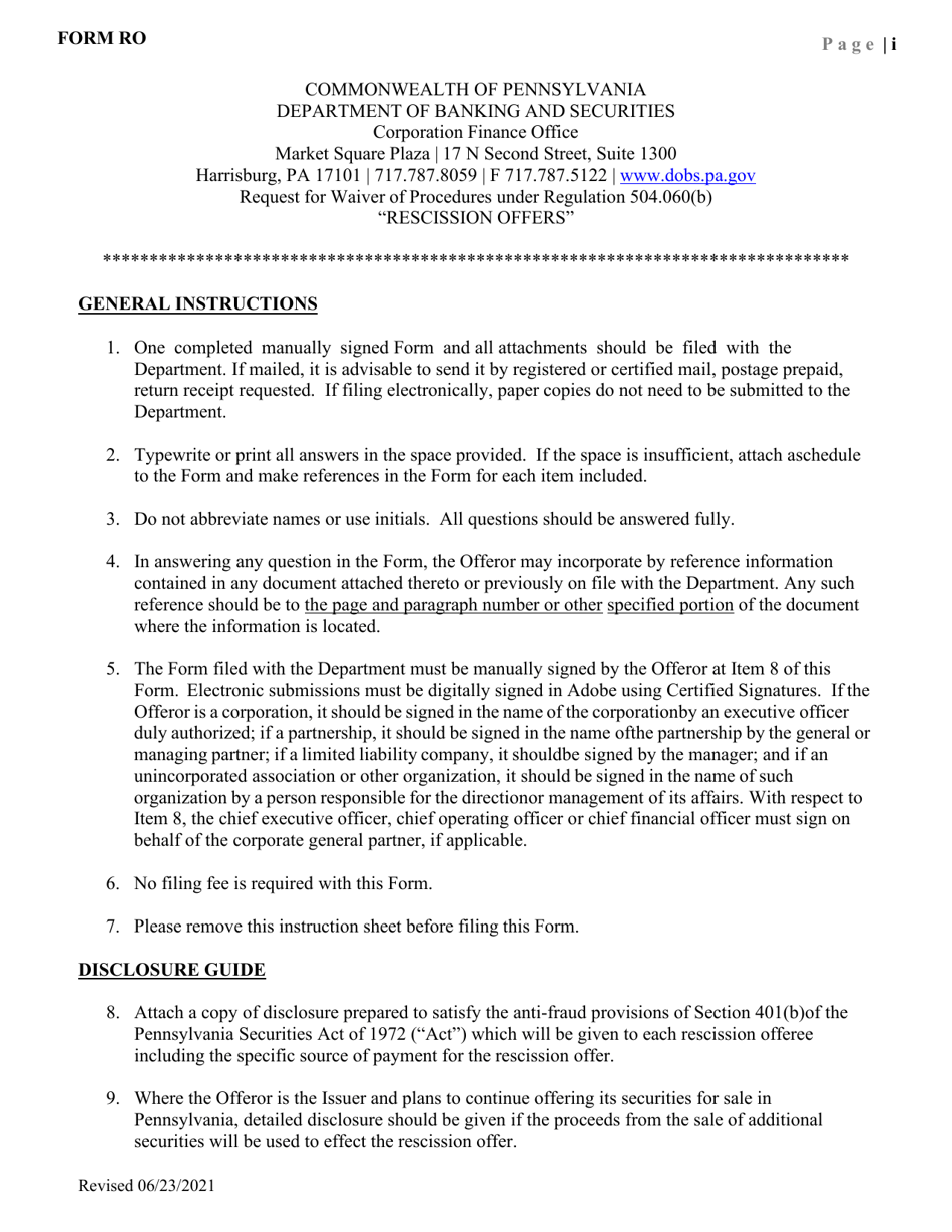 Form RO - Fill Out, Sign Online and Download Fillable PDF, Pennsylvania ...