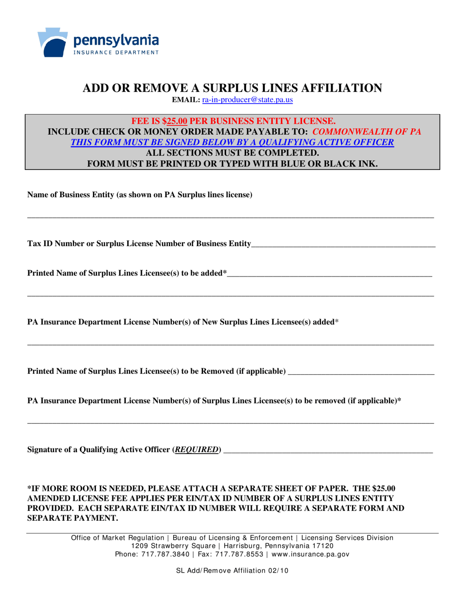 Pennsylvania Add or Remove a Surplus Lines Affiliation - Fill Out, Sign ...