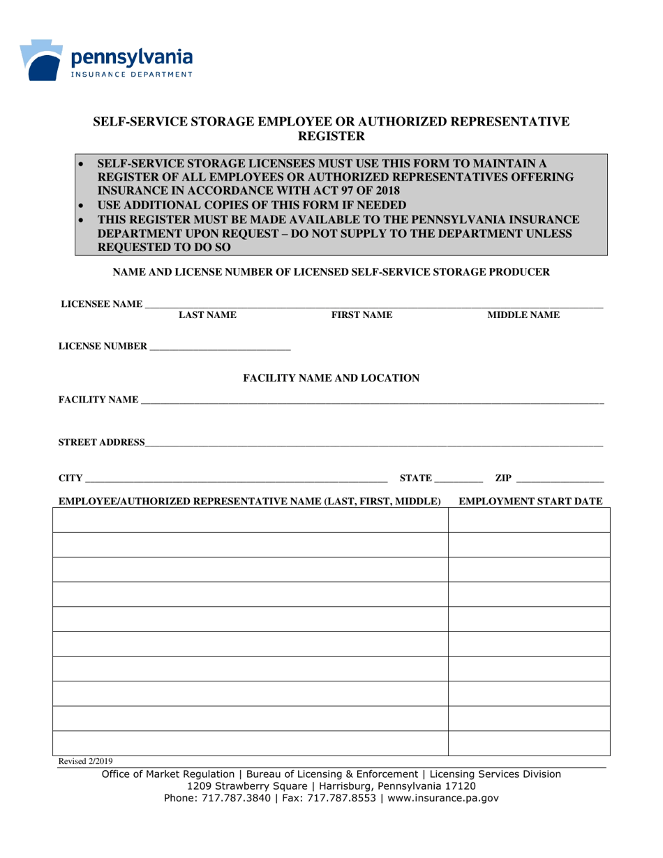 Pennsylvania Self-service Storage Employee or Authorized Representative ...
