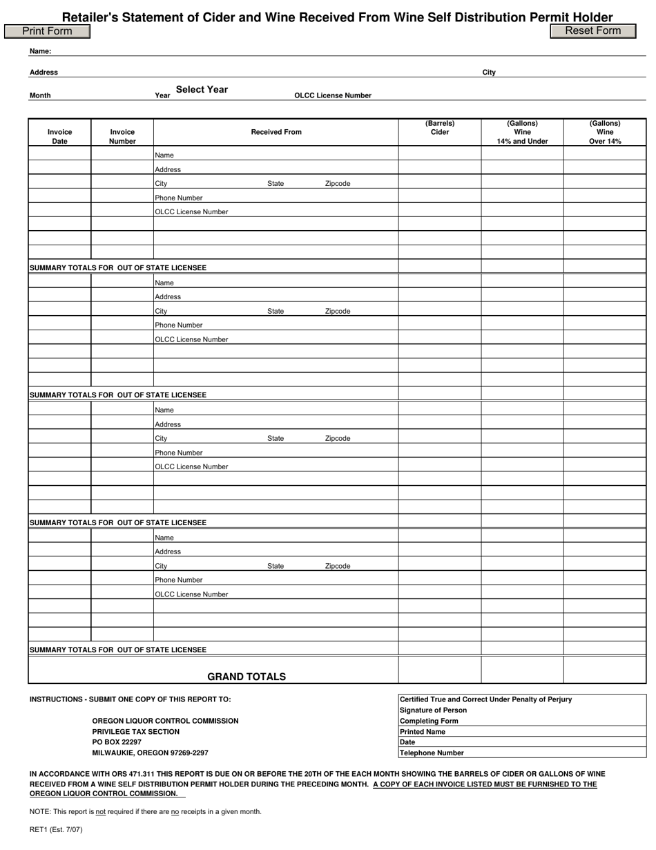 Form RET1 - Fill Out, Sign Online and Download Fillable PDF, Oregon ...