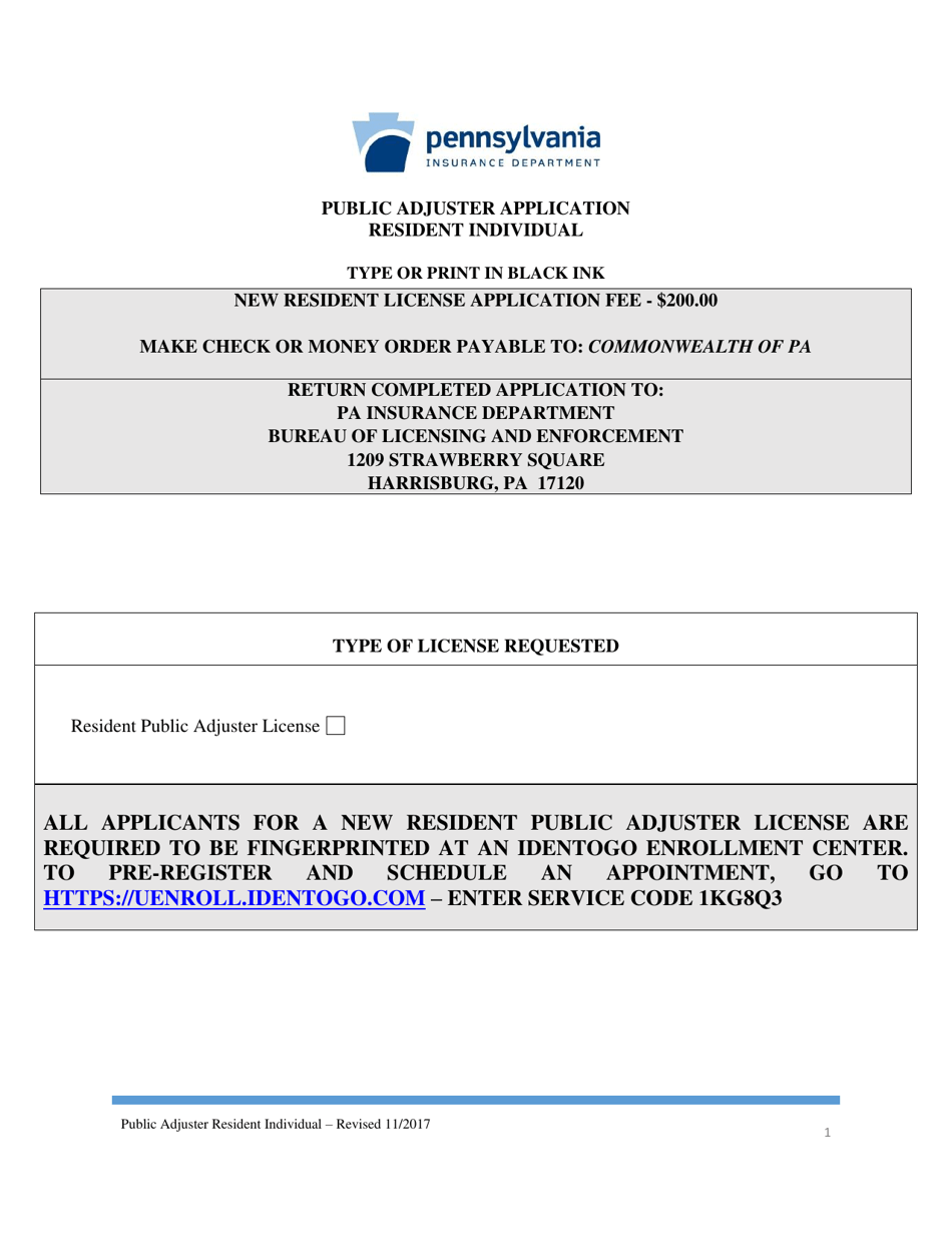 Pennsylvania Public Adjuster Application - Resident Individual - Fill ...