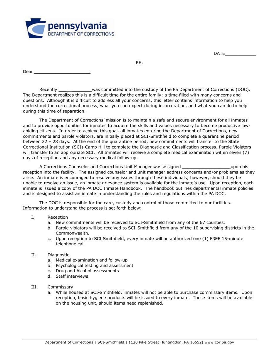 Pennsylvania Reception Letter - SCI Smithfield - Fill Out, Sign Online ...