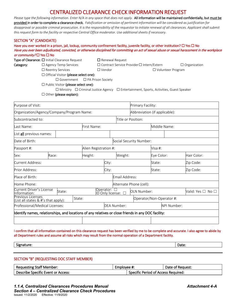 Pennsylvania Centralized Clearance Check Information Request - Fill Out ...